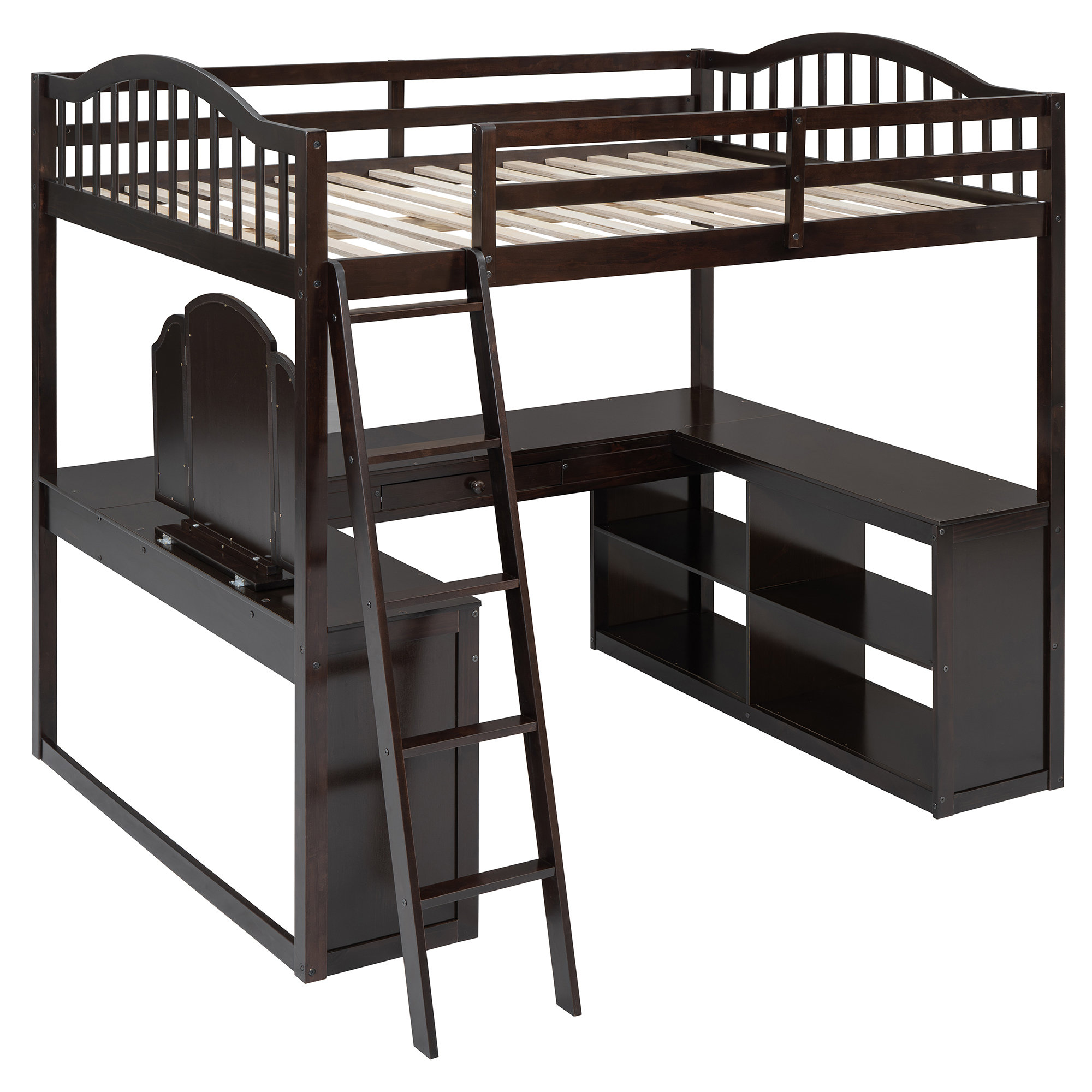 Harriet Bee Full size wooden loft bed with u-shaped study desk & storage space, modern ...